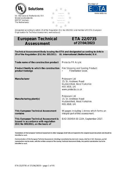 Protecta FR Acrylic ETA - Penetration Seals | Protecta (Polyseam Ltd ...