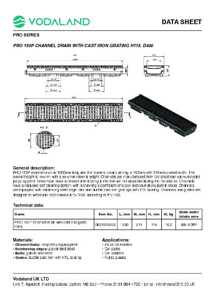 PRO 150P Channel drain H115, D400 Data Sheet | Vodaland | NBS Source