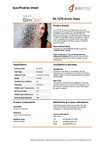 SX-1279 Arctic Glass Specification Sheet | NBS Source
