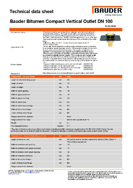 Bauder Bitumen Compact Vertical Outlet DN 100 | Bauder Ltd | NBS Source