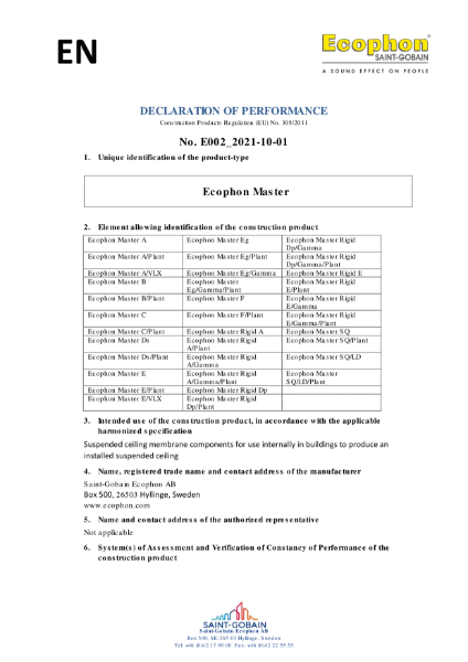 Master - Declaration of Performance | Saint-Gobain Ecophon | NBS Source