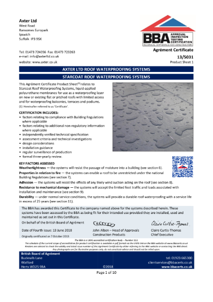 13/5031 - Axter Starcoat Roof Waterproofing System | Axter Ltd | NBS Source