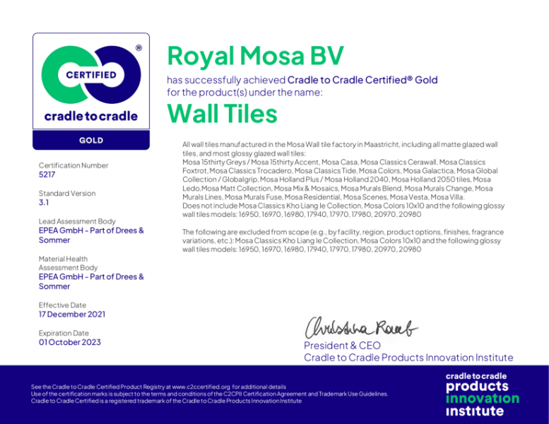 Cradle to Cradle Certified® Gold Mosa Wall Tiles | ROYAL MOSA | NBS Source