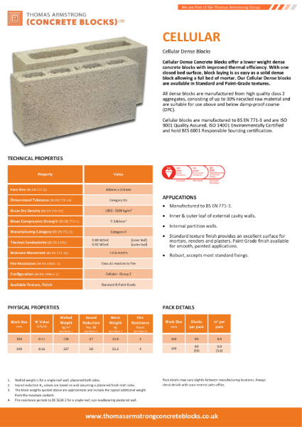 Cellular Dense Block Datasheet | Thomas Armstrong (Concrete Blocks) Ltd ...