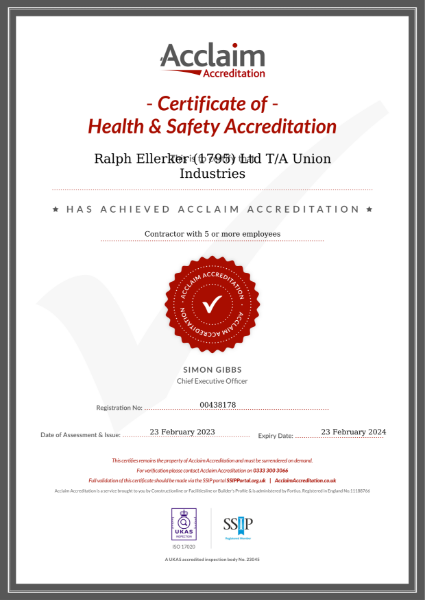 Acclaim Health & Safety Certificate | Union Industries | NBS Source