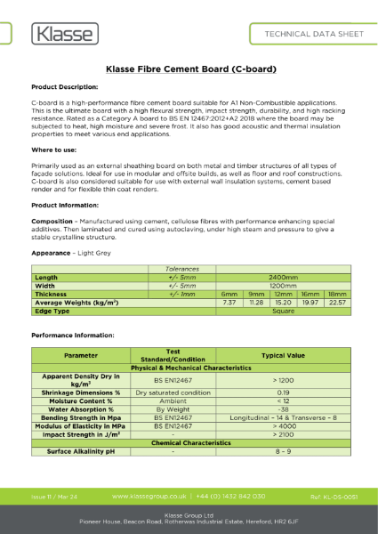 Klasse Fibre Cement Board (C-board) TDS | NBS Source