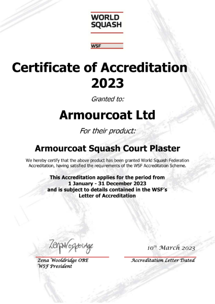 Armourcoat Squash Court Plaster - World Squash Federation Accreditation ...