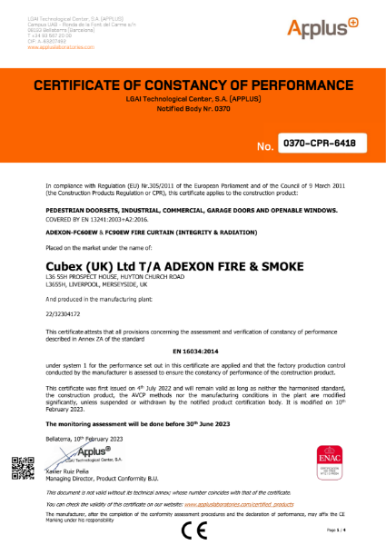 FC60EW Certificate | Adexon Fire & Smoke Curtains | NBS Source