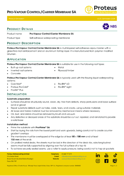 Product Data Sheet - Pro-Vapour Control/ Carrier Membrane SA | NBS Source