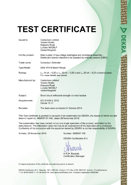 Defender 125A B Board Test Certificate | Contactum Ltd | NBS Source