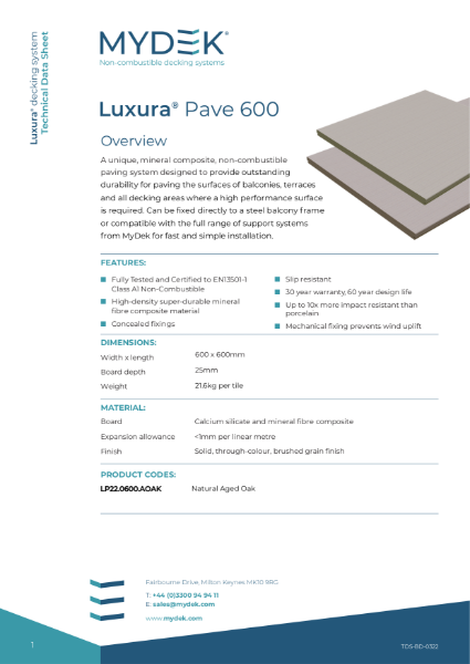 Data Sheet - Luxura Pave 600 Non-Combustible Mineral Composite Paving | NBS Source