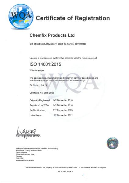 ISO 14001 Certificate | Chemfix Products Ltd | NBS Source