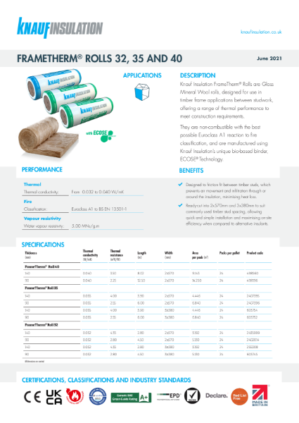 Knauf Insulation FrameTherm® Rolls - Datasheet | NBS Source