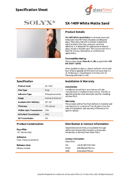 SX-1409 White Matte Sand Specification Sheet | NBS Source
