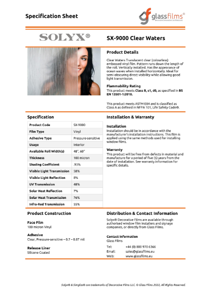 SX-9000 Clear Waters Specification Sheet | Glass Films Europe | NBS Source