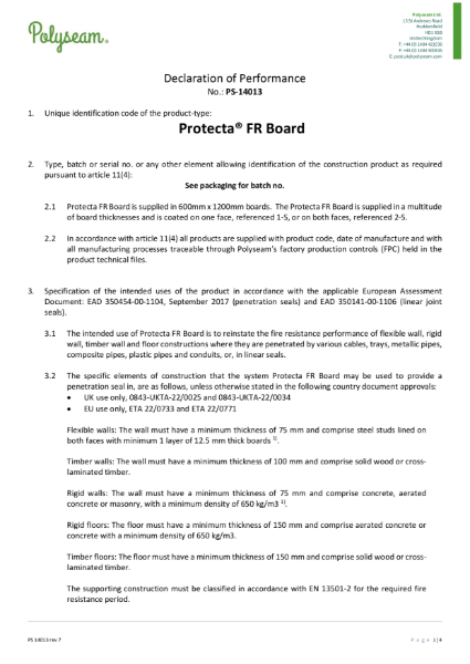 Protecta FR Board DoP | Protecta (Polyseam Ltd) | NBS Source