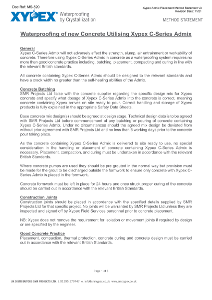 Xypex Admix Placement Method Statement Smr Projects Limited Nbs Source