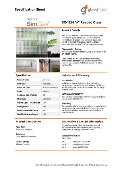SX-1262 Reeded Glass Specification Sheet | NBS Source