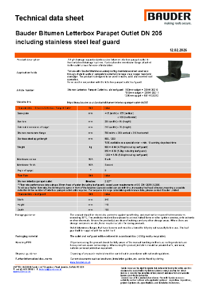 Bauder Bitumen Letterbox Parapet Outlet DN 205 including ss leaf guard ...