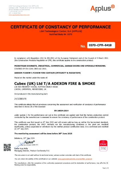 Adexon- FC90EW Vertical Fire Curtain (Integrity & Radiation & Smoke) - Certificate 0370-CPR-6418 ...