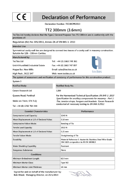 TT2300 3.6MM 150MM CAVITY Declaration of Performance | Tec-Ties Ltd ...