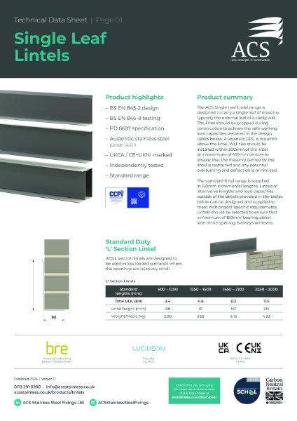 ACS Single Leaf Lintels | ACS Stainless Steel Fixings Ltd | NBS Source