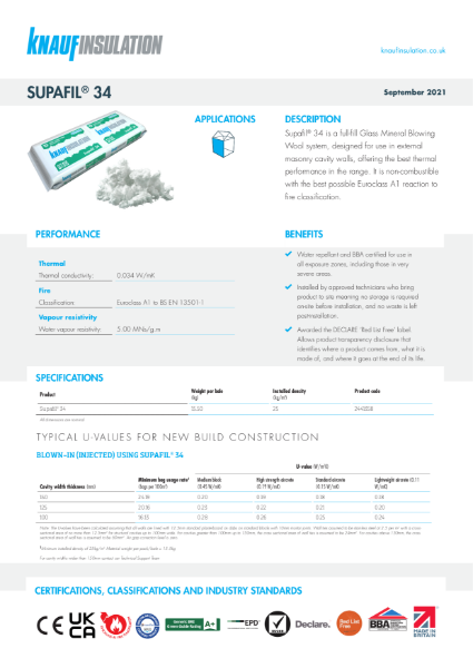 Knauf Insulation Supafil® 34 - Product Datasheet | NBS Source