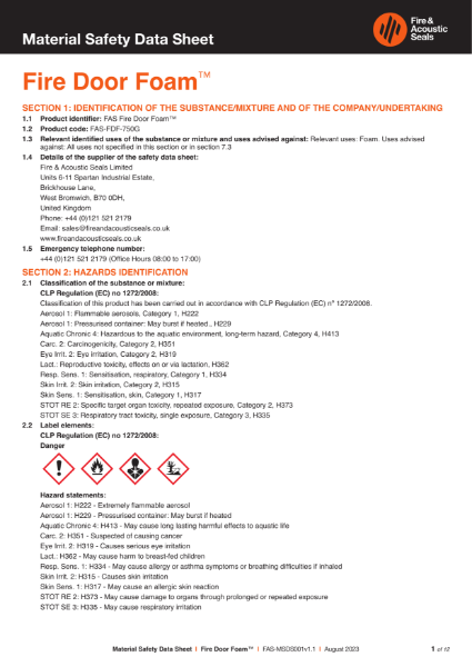 FAS Fire Door Foam Material Safety Data Sheet | Fire & Acoustic Seals ...