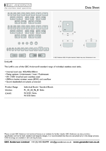 GEC Anderson Data Sheet - Sink Bowl: LE40 | NBS Source GEC Anderson Data Sheet - Sink Bowl: LE40 | NBS Source