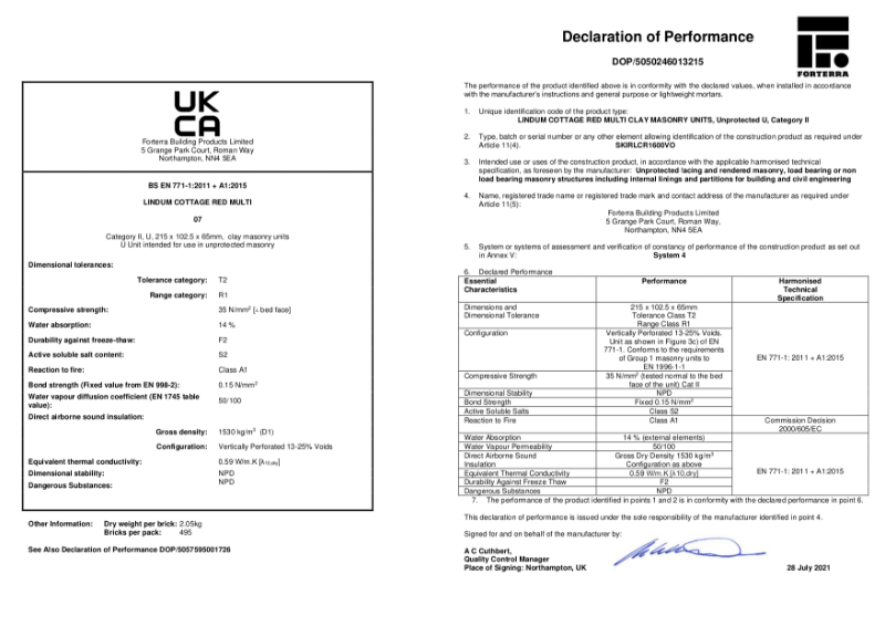 Lindum Cottage Red Multi DoP Certificate | Forterra Building Products ...