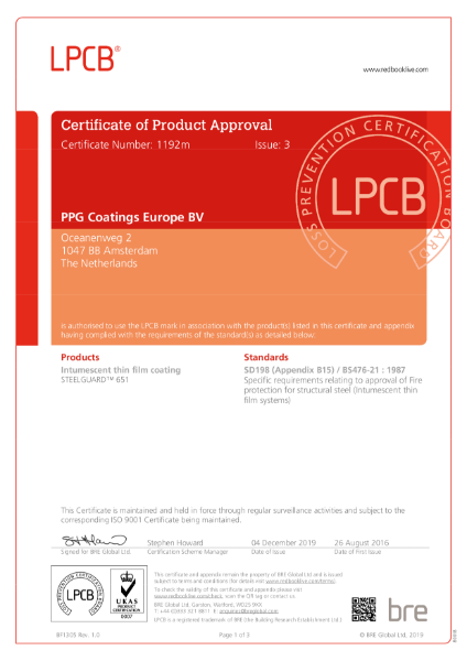LPCB Certificate of Product Approval Steelguard 651 | PPG Protective ...