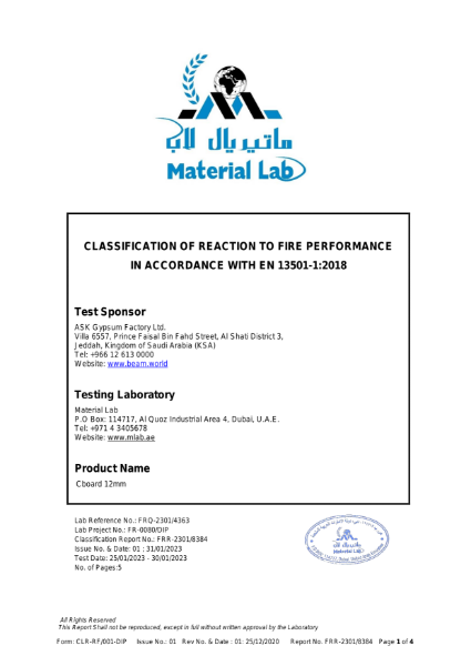 Reaction to Fire - EN 13501 - Fiber cement | ASK Gypsum Factory Ltd ...