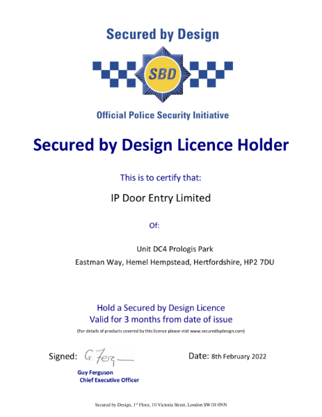 SBD Temporary Certificate - IP Door Entry Ltd | IP Door Entry Ltd | NBS ...