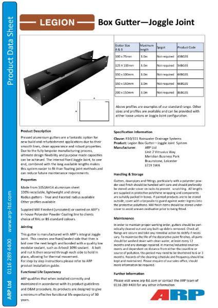 Legion Box Joggle Joint Data Sheet | NBS Source