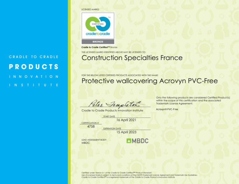 Cradle to Cradle Certification - Bronze - Acrovyn PVC-Free | Construction Specialties (UK) Ltd ...