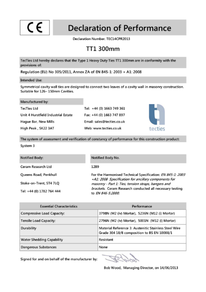 TT1300 Declaration of Performance | Tec-Ties Ltd | NBS Source