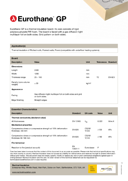 Eurothane GP floor, pitched roof and framed wall insulation technical ...