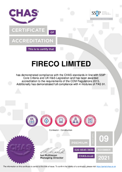 CHAS Certificate of accreditation | Fireco Ltd | NBS Source