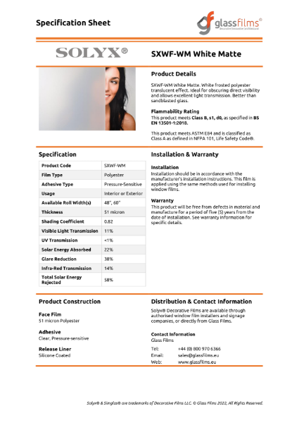 SXWF-WM White Matte Window Film | Glass Films Europe | NBS Source