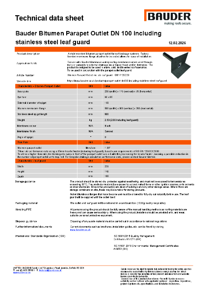 Bauder Bitumen Parapet Outlet DN100 including Stainless Steel Leaf ...