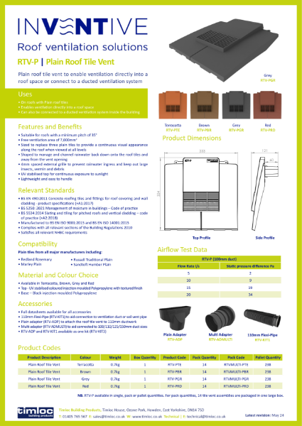 Timloc Building Products RTV-P Plain Roof Tile Vent Datasheet | NBS Source