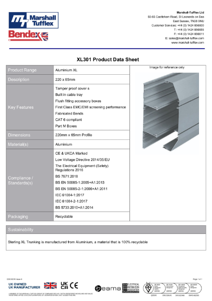 XL301 Aluminium Trunking Product Data Sheet | Marshall-Tufflex Ltd ...
