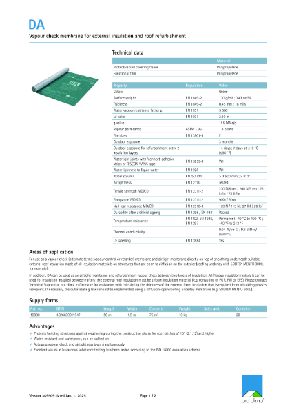 Pro Clima DA Technical Datasheet | NBS Source