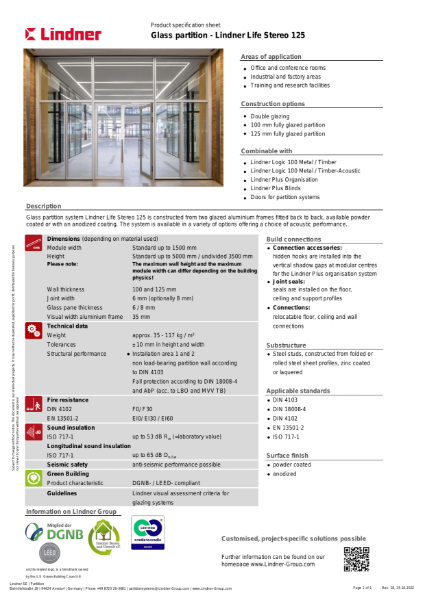 Glass partition - Lindner Life Stereo 125 Datasheet | NBS Source