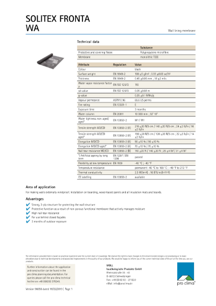 Solitex Fronta WA Technical Datasheet | NBS Source