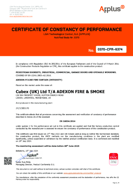 Adexon-FC120E Vertical Fire Curtain (Integrity & Smoke) - Certificate ...