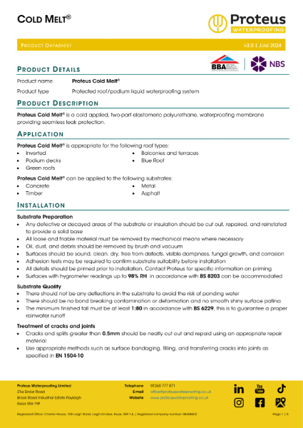 Product Data Sheet - Proteus Cold Melt® | Proteus Waterproofing | NBS ...