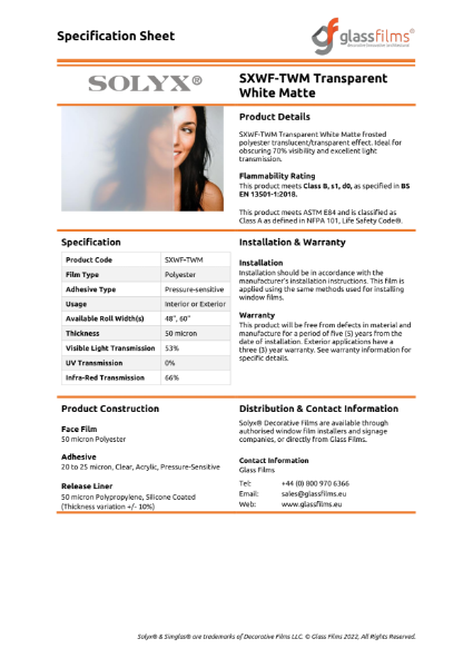 SXWF-TWM Transparent White Matte Specification Sheet | NBS Source