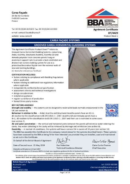 BBA Carea Grooved horizontal cladding system certificate 07/4429 ...