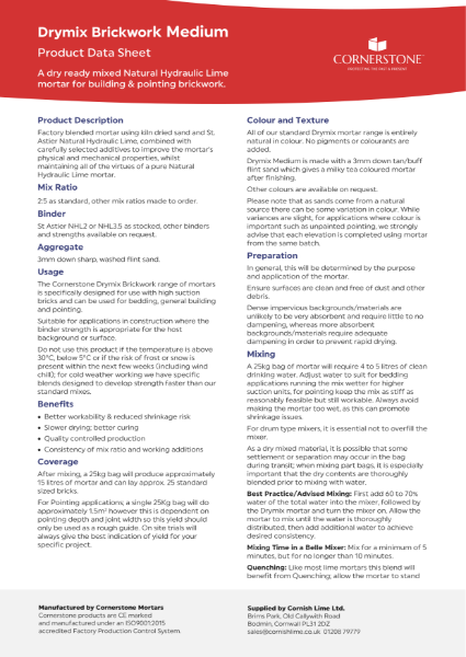 Cornerstone Drymix Brickwork Medium - Product Data Sheet | NBS Source